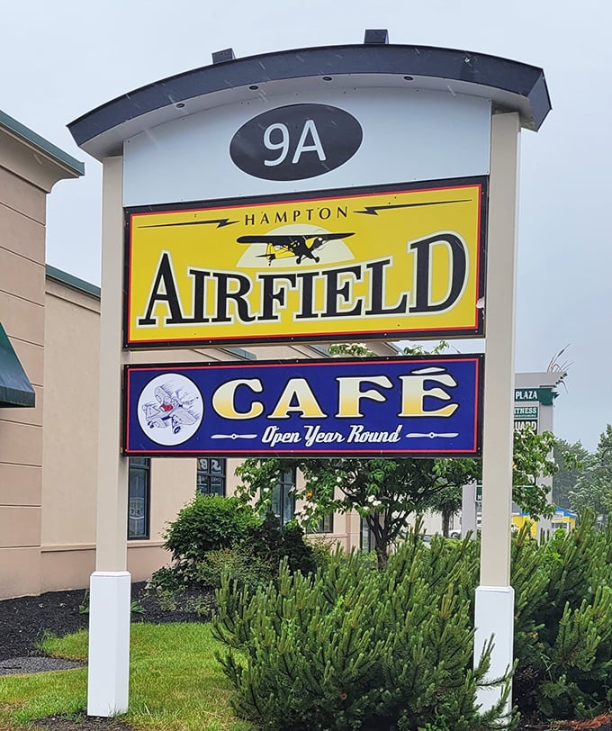A sign that perfectly captures the establishment's dual identity—part airfield, part café, all New Hampshire charm.