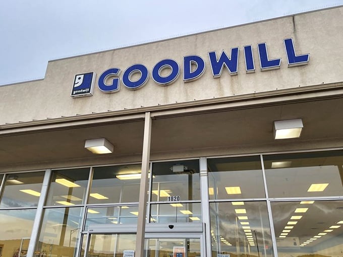 The iconic blue Goodwill letters announce the entrance to this temple of secondhand treasures.