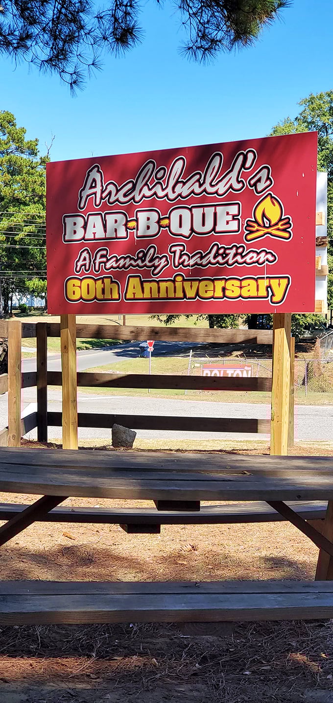 Six decades of serving barbecue earns you the right to celebrate with a sign this proud.