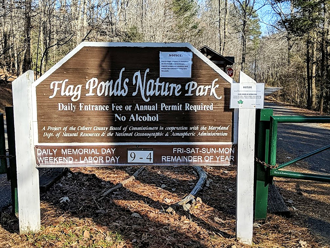 The entrance sign lays out the ground rules for paradise—a small fee for admission to one of Maryland's most treasured natural escapes.
