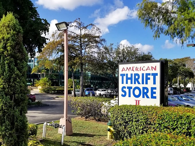 The landmark sign stands proud against Florida's blue sky. American Thrift Store: where one person's decluttering becomes another's discovery.