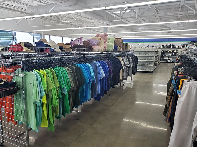 Men's shirts arranged in a color gradient that would make Marie Kondo weep with organizational joy.