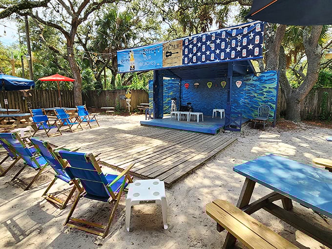 The outdoor seating area offers a casual spot to enjoy live music along with your seafood feast—Florida dining at its most authentic.
