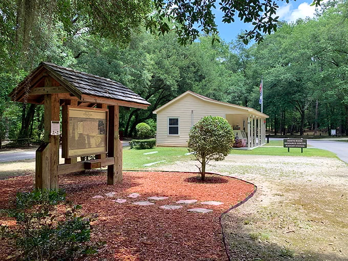 The park office welcomes visitors with classic charm and practical information. Your adventure's command center awaits.