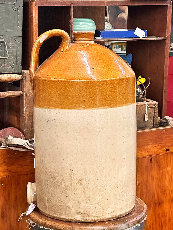 Two-toned stoneware that once held everything from moonshine to molasses now stands ready for a second life as a statement piece.