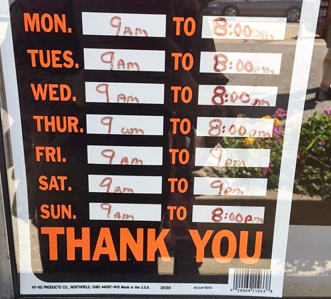 Hours posted with the confidence of a place that knows you'll rearrange your schedule to eat here. That "THANK YOU" isn't just polite—it's knowing.