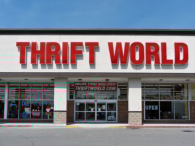 The storefront announces "ONLINE STORE NOW OPEN!" proving even thrift shopping has entered the digital age. Some treasures can't wait for in-person hunting.