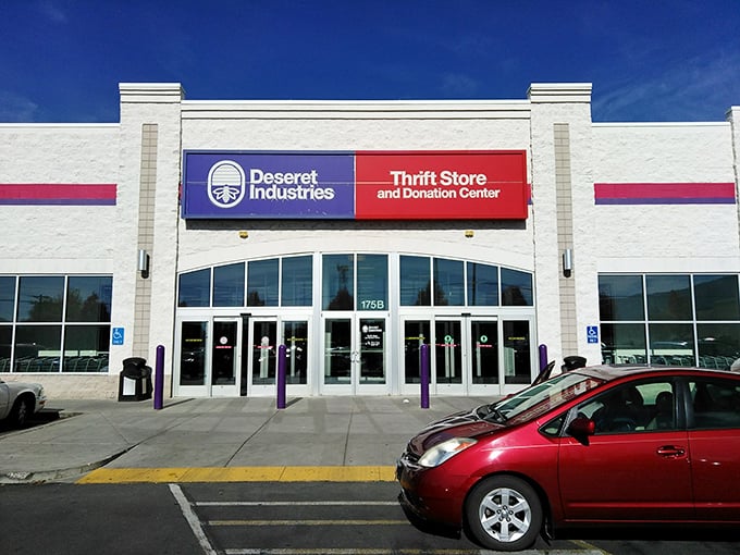 The bright signage of Deseret Industries stands out against Utah's blue sky—a beacon for bargain hunters and treasure seekers.