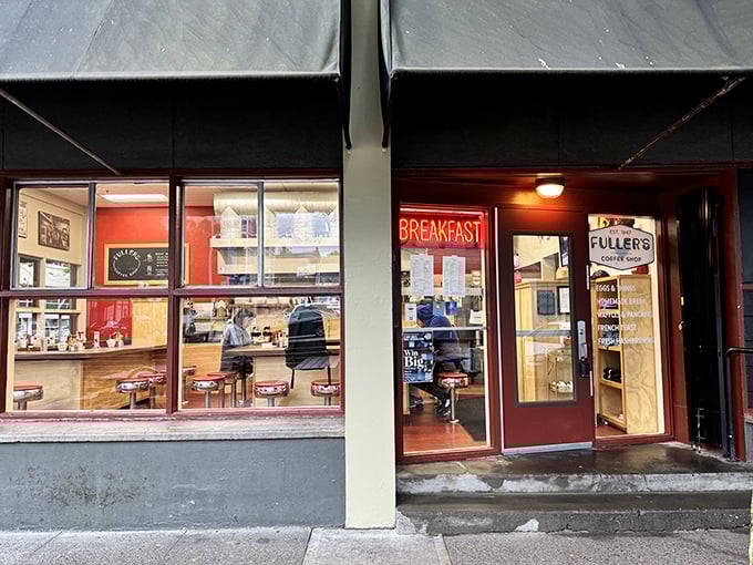 That neon "BREAKFAST" sign in the window isn't just advertising—it's a beacon of hope on foggy Portland mornings.