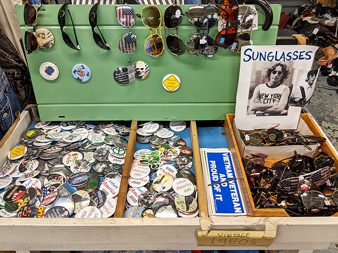 Vintage pins and sunglasses – tiny time machines for your lapel and face. One person's political statement from 1976 is another's 2023 fashion statement.
