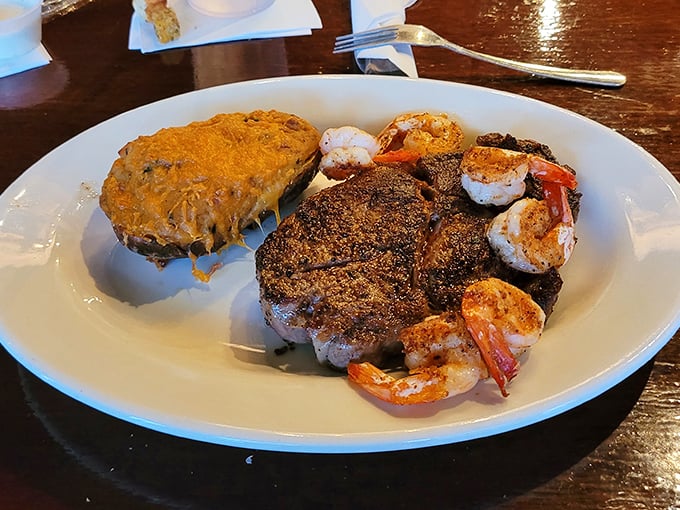 Surf and turf – the diplomatic solution to the eternal "steak or seafood" debate. This plate suggests the correct answer was "yes" all along.