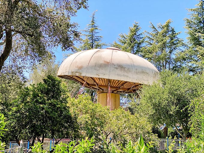 This mushroom-shaped ride emerges from the greenery like something from a fairy tale, proving that fungi can be fun when they're fifty feet tall.