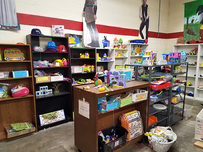 Toy department tetris: where childhood dreams stack neatly on shelves, waiting for imaginative new owners at pocket-money prices.