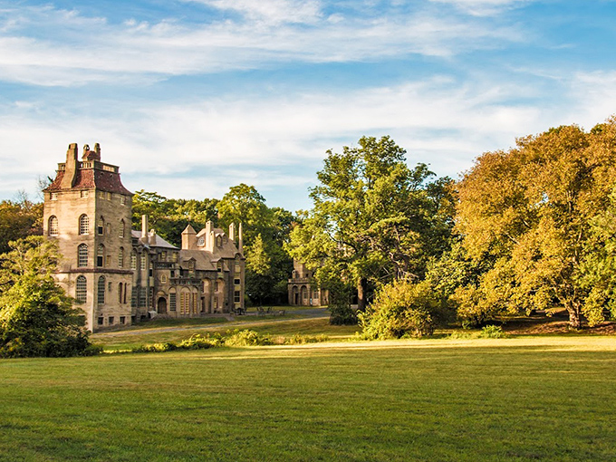 Autumn paints Fonthill's surroundings in golden hues, highlighting how perfectly this concrete oddity nestles into Pennsylvania's natural landscape.