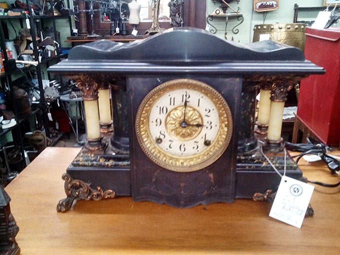 This ornate mantle clock once marked important moments – birthdays, holidays, and ordinary Tuesday afternoons that became memories.