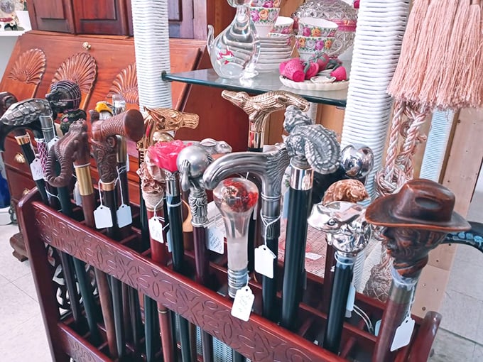 Walking sticks with personality – each handle tells a different story, from alligators to eagles, waiting for their next adventure.