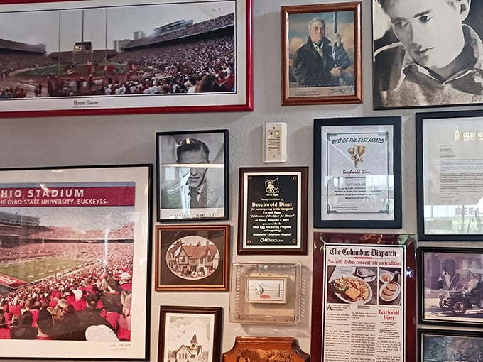 The wall of fame tells stories of community connections and Buckeye pride. In Ohio, even breakfast has team spirit.