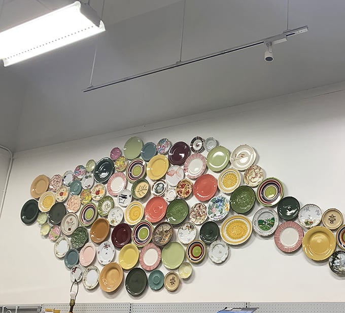 A mesmerizing mosaic of plates transforms utilitarian walls into an Instagram-worthy backdrop for your thrifting adventures.