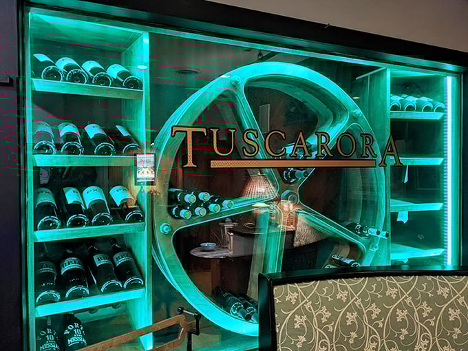 The wine cellar glows with an otherworldly aqua light, showcasing bottles that have been waiting patiently for your special occasion.