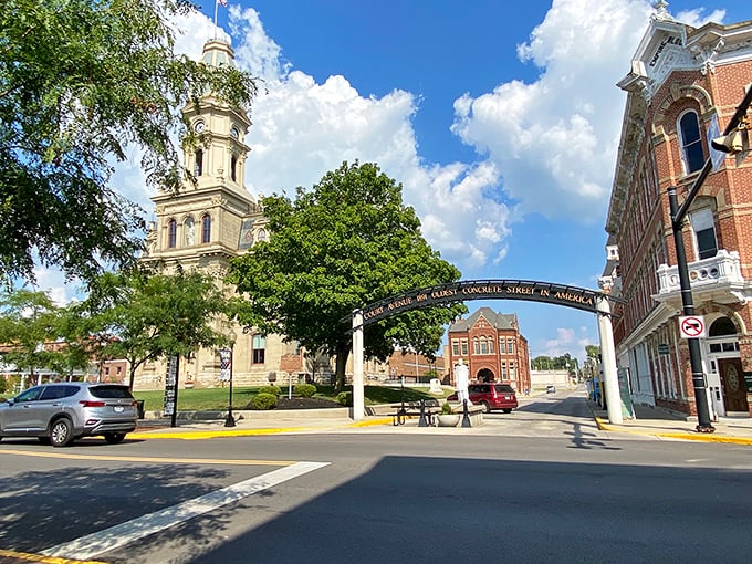 Bellefontaine’s historic downtown welcomes visitors with its beautiful courthouse, leafy streets, and the famous sign marking America’s oldest concrete street.