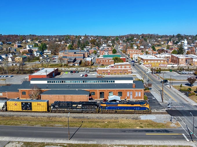 From above, Pulaski reveals its perfect small-town layout—a patchwork of neighborhoods, downtown businesses, and railroad tracks that still define its character.