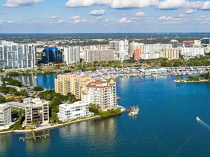 From above, Sarasota's waterways create a jigsaw puzzle of blue against urban landscape—a reminder that water is the lifeblood of this Florida paradise.
