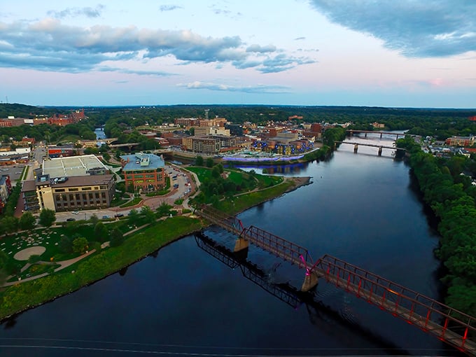 From above, Eau Claire reveals its true character – a city embraced by rivers, with downtown nestled in their convergence like it couldn't possibly belong anywhere else.