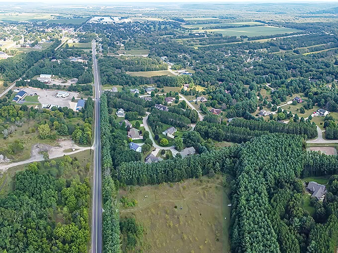 The aerial view shows what GPS can't—a town that's found the sweet spot between accessibility and escape, connection and solitude.