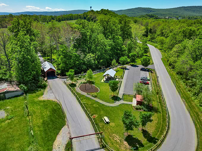 From above, the full picture emerges: a perfectly planned park where nature, history, and recreation create the ideal day-trip trifecta.