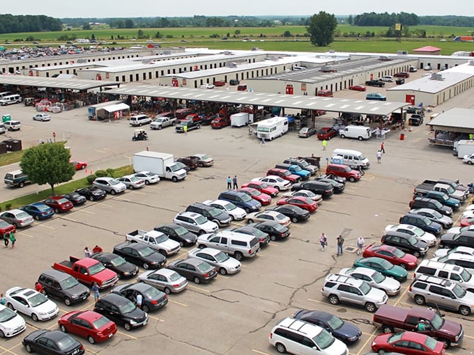 From above, Caesar Creek reveals its true scale—a small city of commerce where thousands gather weekly to buy, sell, and hunt for that perfect find.