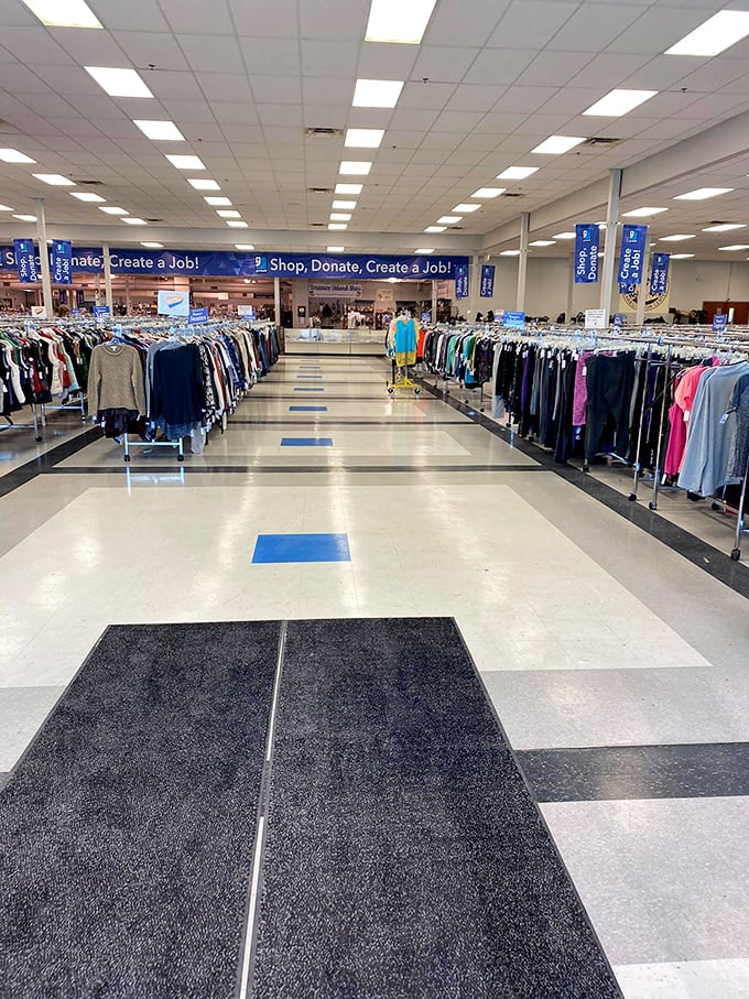 The grand view: aisles of possibility stretching toward the horizon. This isn't shopping—it's a treasure hunt with fluorescent lighting.