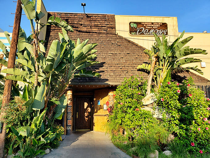 Banana trees frame the entrance like living sentinels guarding a temple of tropical flavors. This isn't just a doorway—it's a portal to paradise.