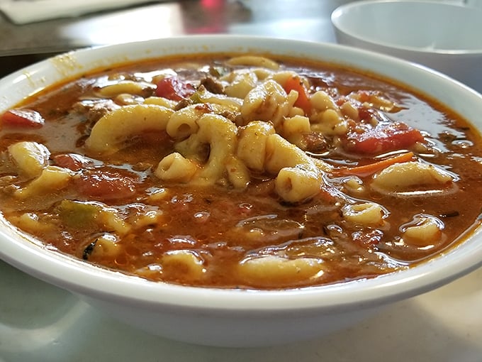 This isn't just soup—it's liquid therapy. Beef and macaroni swimming in a broth that could end family feuds and broker peace treaties.