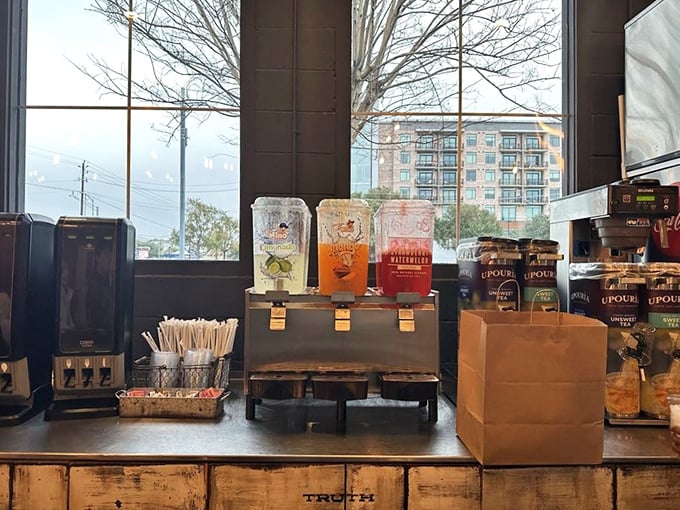 Self-serve beverages in glass dispensers—because after waiting in line for Texas' finest barbecue, you deserve to control at least one aspect of your experience.