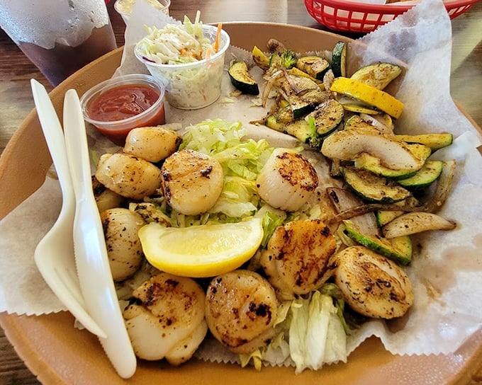 Scallops seared to golden perfection alongside grilled vegetables—proof that sometimes the simplest preparations yield the most profound pleasures.