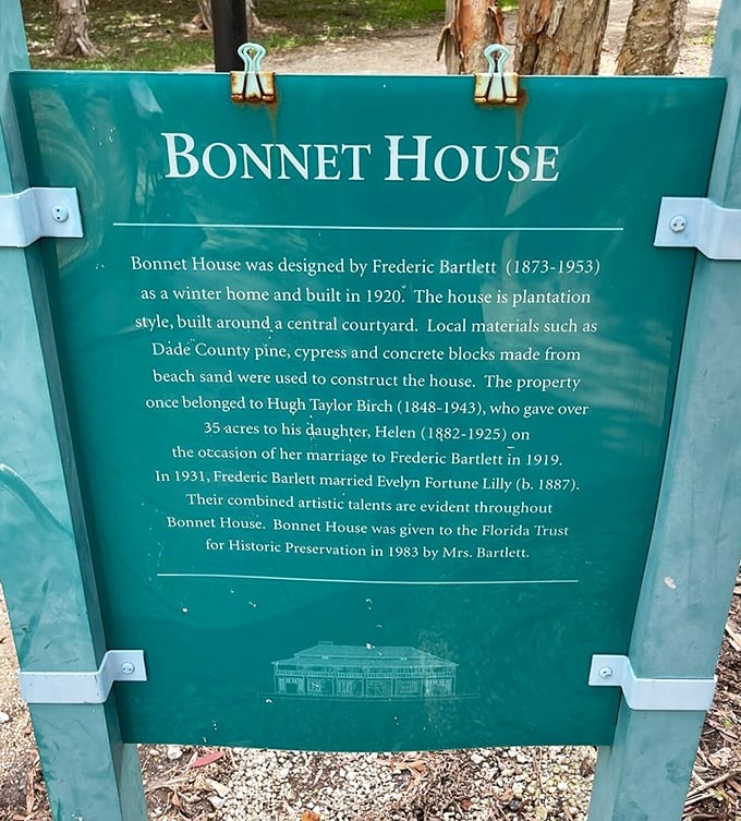 This historical marker reveals the Bonnet House story, proving that behind every great garden is an even greater love story.