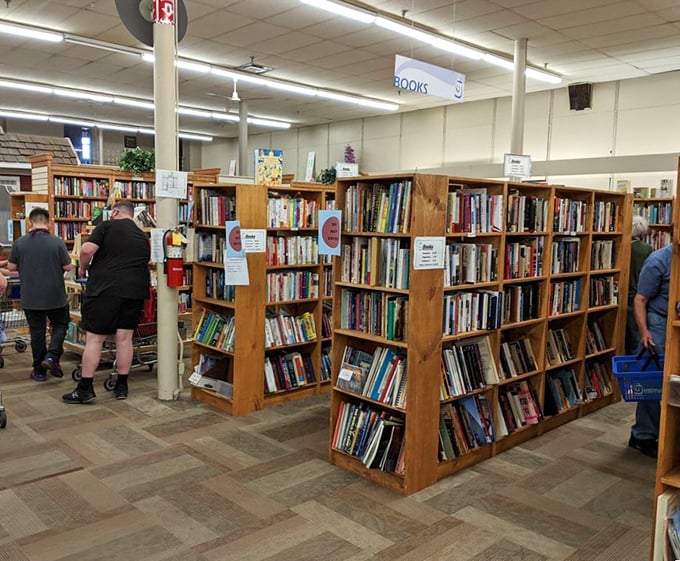 Bookworms, rejoice! These wooden shelves hold literary adventures at a fraction of retail prices. Browse beside fellow readers hunting for their next bedside companion.