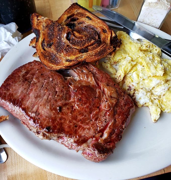 This isn't just steak and eggs—it's morning magnificence on a plate, with a cut of beef that would make dinner menus jealous.
