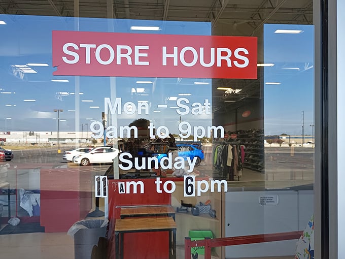 The store hours sign—a beacon of hope for bargain hunters. Those twelve hours on weekdays might just be the difference between finding that perfect vintage lamp or missing it forever.