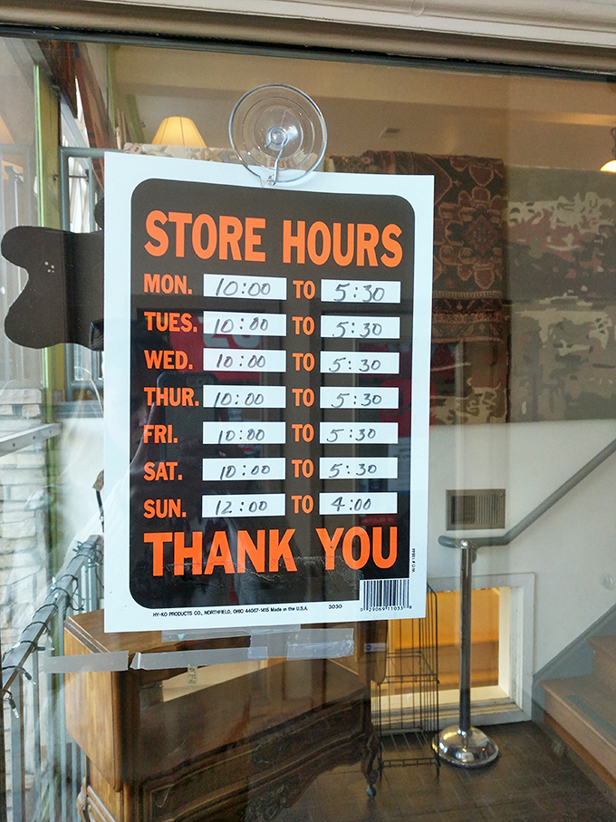 The hours of operation—or as I like to call it, your weekly schedule for the foreseeable future. Plan accordingly; treasure hunting takes time.