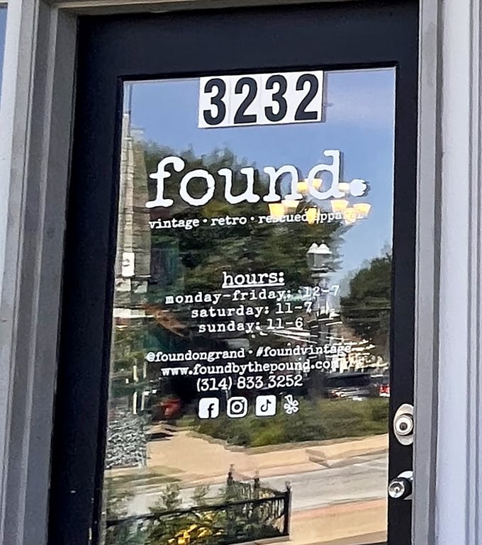 The door tells all—Found Vintage isn't just a name, it's a promise of "vintage, retro, rescued apparel" waiting to be discovered inside.