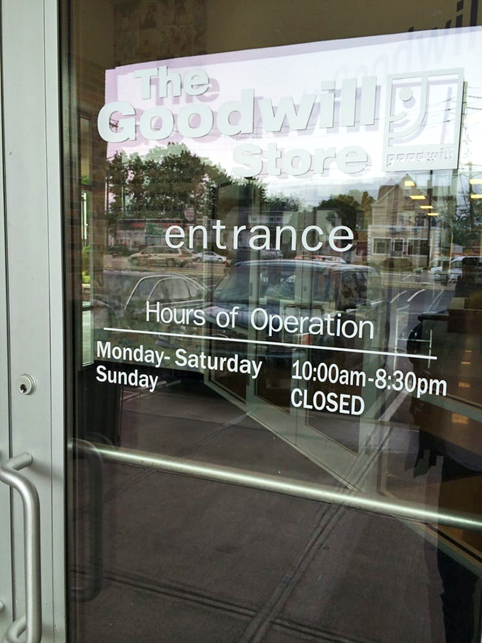 The hours of operation sign—crucial information for planning your thrifting expedition to this bargain hunter's paradise in Elmwood Park.