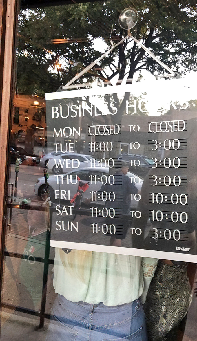 These aren't just business hours—they're the times when happiness is available. Note that "closed" on Monday means "recovering from weekend BBQ glory."