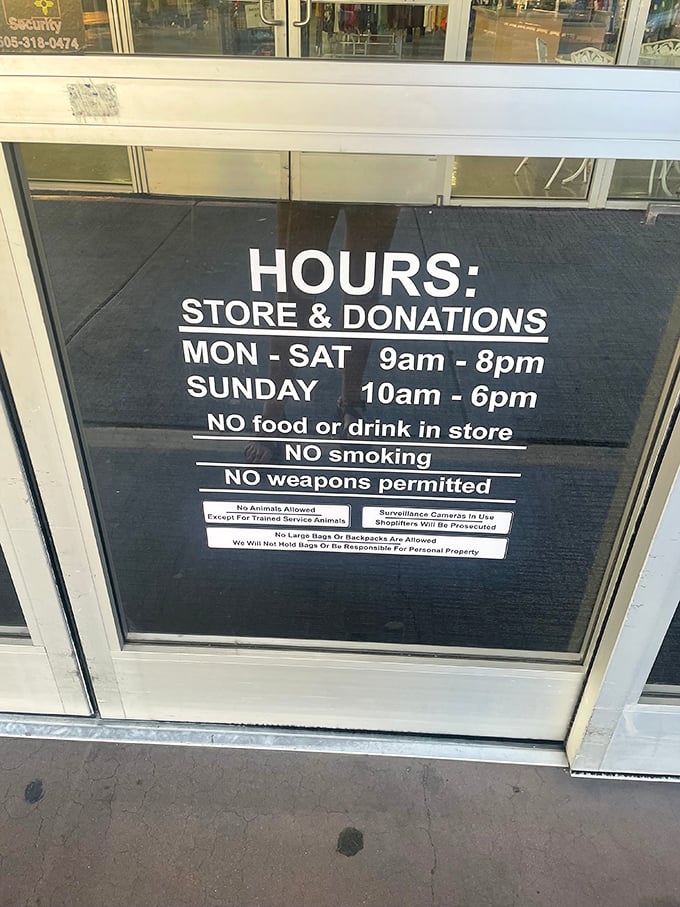 The fine print that governs the treasure hunt – store hours and gentle reminders that your bargain expedition has some basic ground rules.