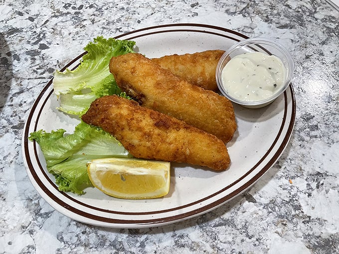 Fish so perfectly golden-fried it looks like it's been sunbathing on a private beach, served with a dipping sauce that's its perfect vacation companion.