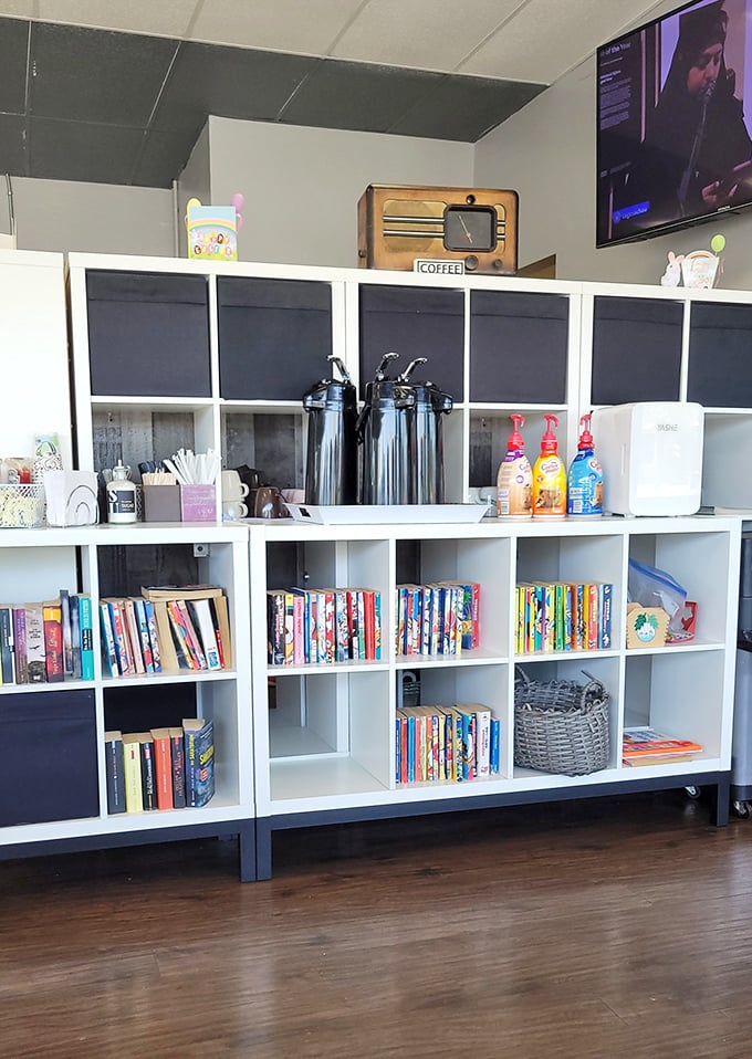 The coffee station doubles as a mini-library—because the only thing that pairs better with German baked goods than coffee is a good book.