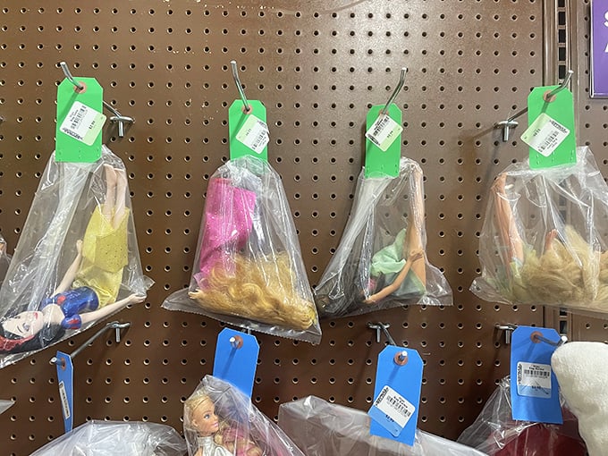 Bagged dolls and toys hang like colorful fruit, ready to be plucked by savvy parents who know childhood joy doesn't require a hefty price tag.