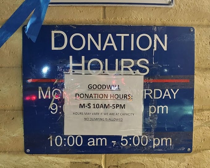 The donation hours sign – the beginning of the circle of thrift that keeps this treasure hunt perpetually fresh and exciting.