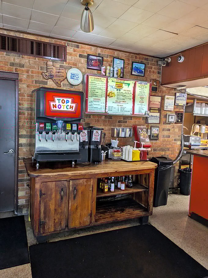 Self-serve drinks and condiments on a rustic wooden station—because sometimes you need exactly three pumps of ketchup, not two.
