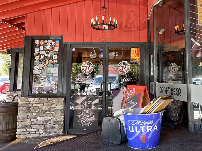 The entrance, adorned with stickers and signage, serves as a preview of the personality waiting inside—unpretentious, fun, and proudly local.
